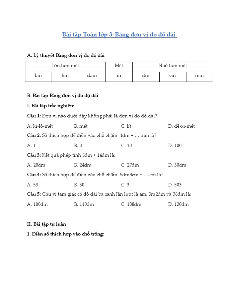 Bai Tap Bang Don Vi Do Do Dai Lop 3 | PDF