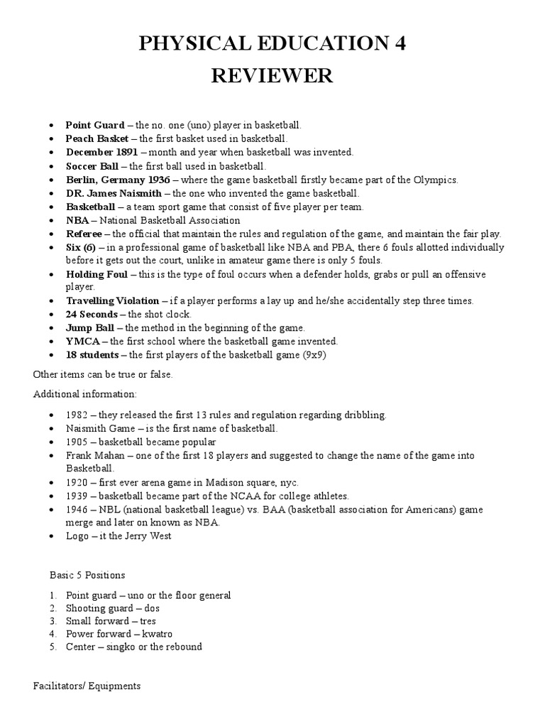 Physical Education 4 Reviewer | PDF | Athletic Sports | Indoor Sports