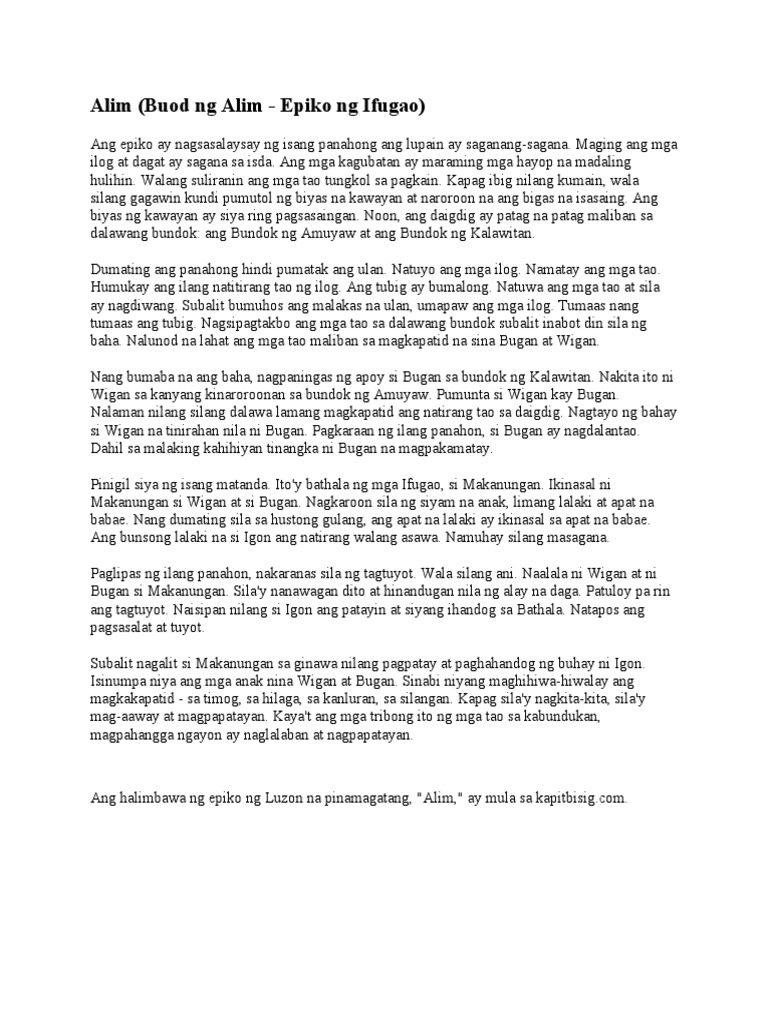 Alim Buod NG Alim Epiko NG Ifugao | PDF