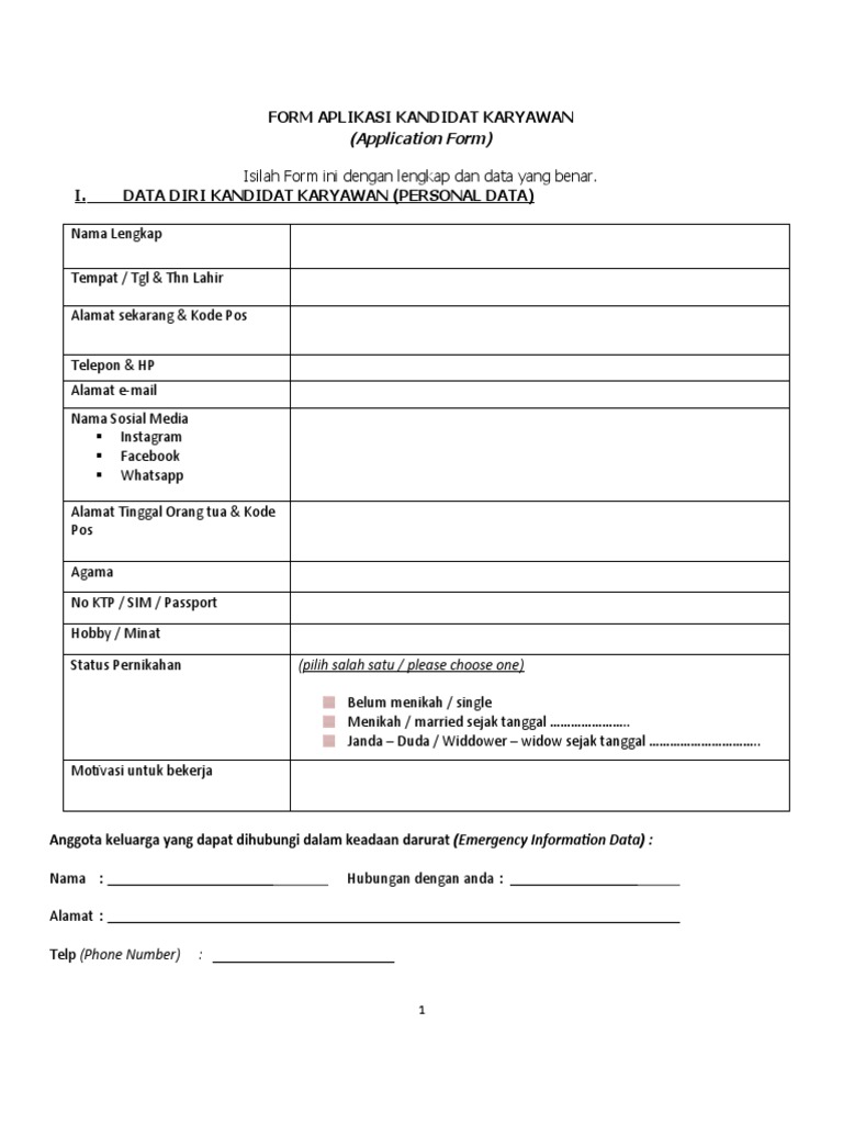 Form Aplikasi Kandidat PHL | PDF