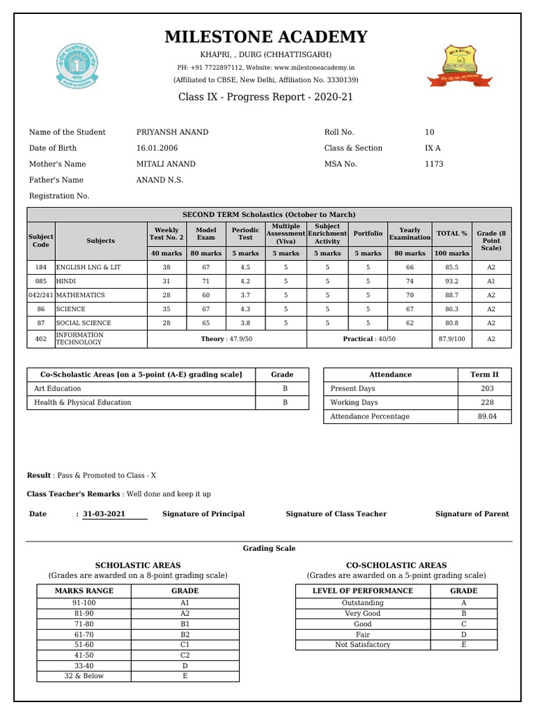 Milestone Academy: Class IX - Progress Report - 2020-21 | PDF ...