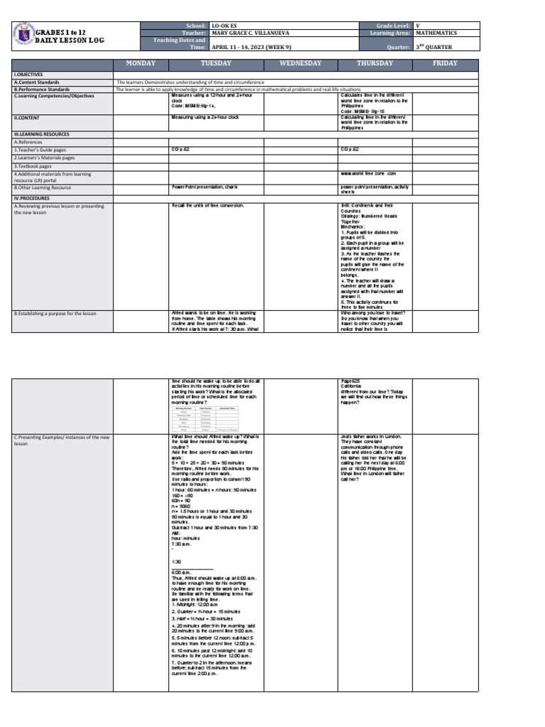 DLL - Mathematics 5 - Q3 - W9.1 | PDF | Learning | Teachers