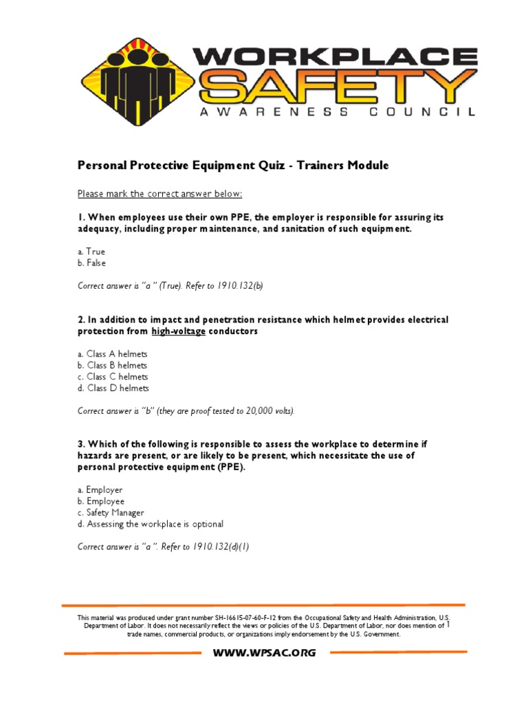 Fy07 sh-16615-07 Quiz Ppe Trainer | PDF | Personal Protective Equipment ...