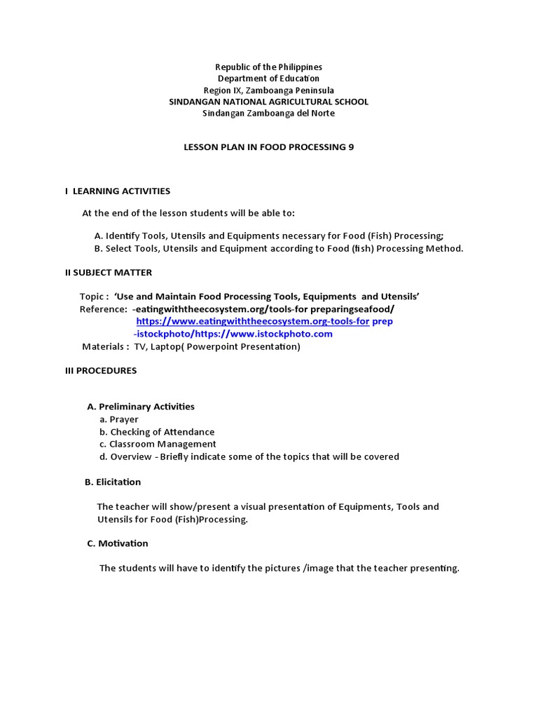 Lesson Plan in Tools, Utensils and Equipments For Food Processing | PDF | Kitchen Utensil | Teachers