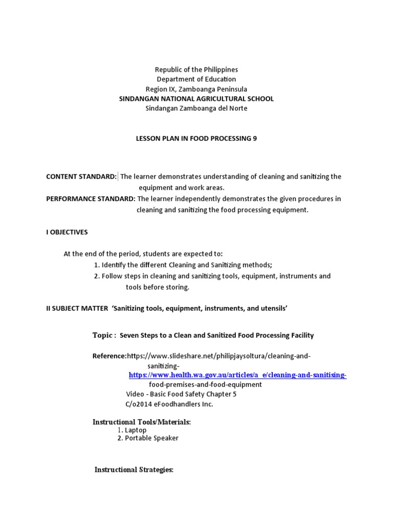 Lesson Plan in METHODS in Cleaning and Sanitizing | PDF | Disinfectant ...