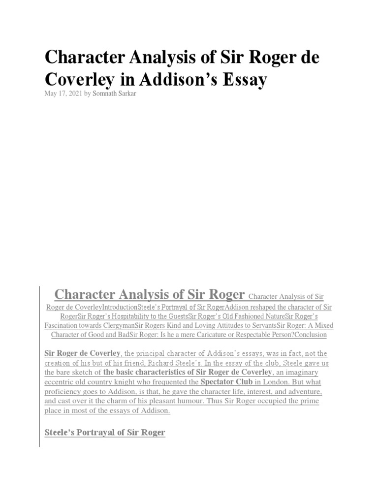 Character Analysis of Sir Roger de Coverley in Addison's Essay | PDF ...