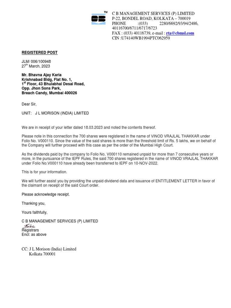 CB Management Services letter regarding IEPF transfer | PDF