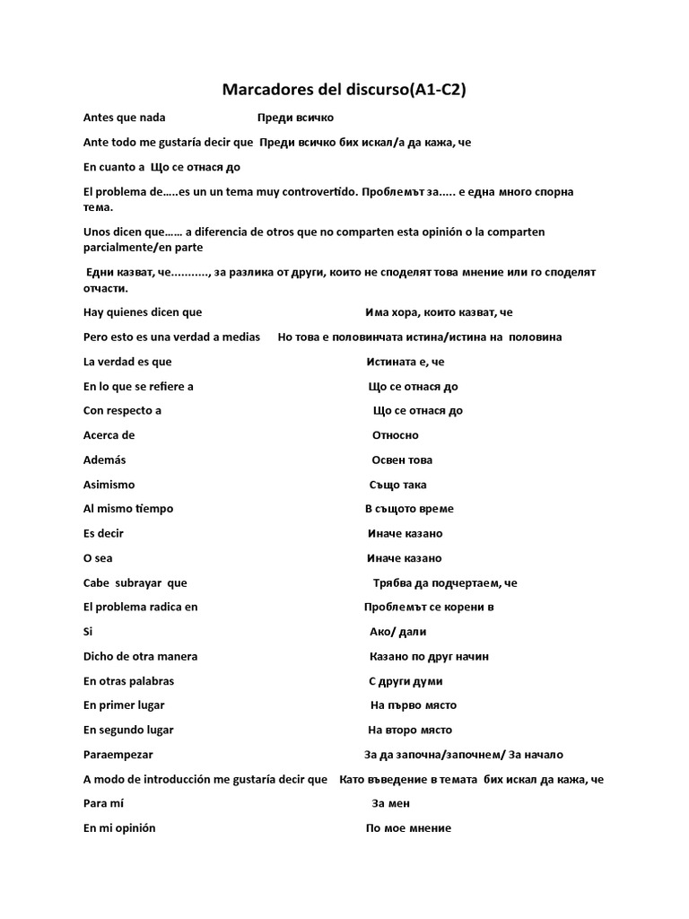 Marcadores Del Discurso (A1-C2) | PDF