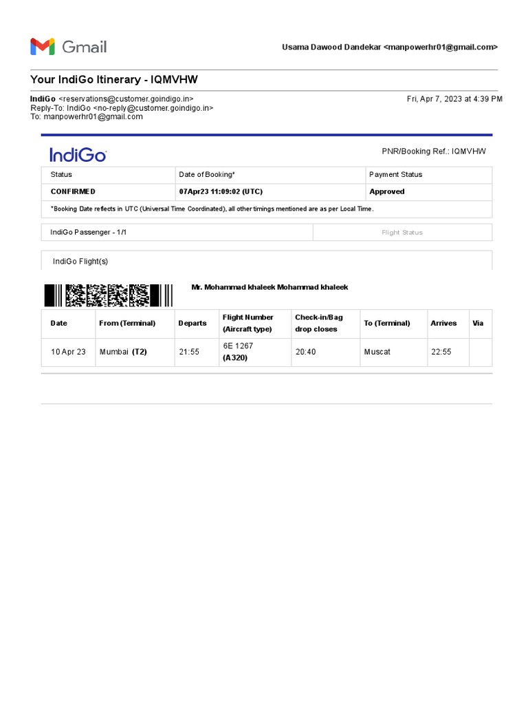 Your Indigo Itinerary - Iqmvhw: Indigo | PDF | Travel Visa