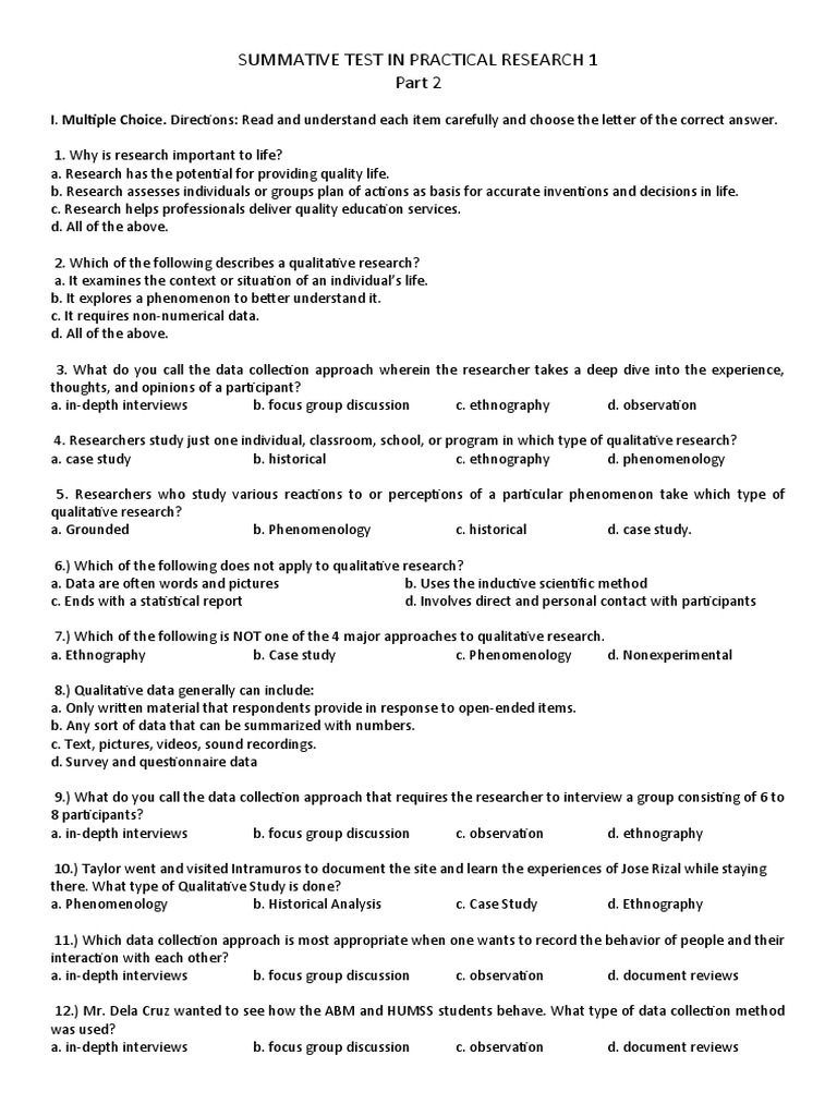 SUMMATIVE TEST IN PRACTICAL RESEARCH 1 Part 2 | PDF | Qualitative ...