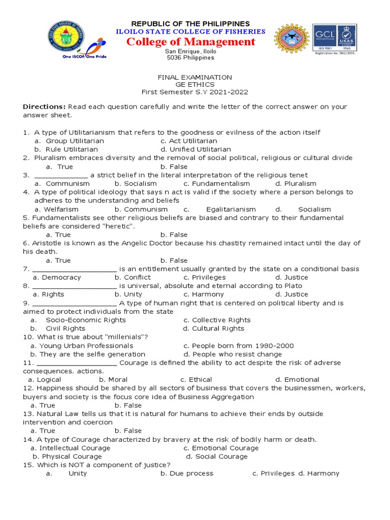 Final Exam Ethics | PDF | Courage | Justice
