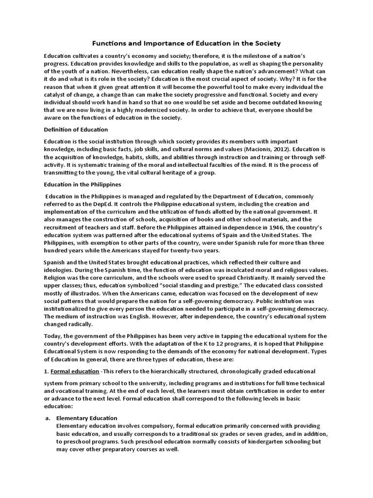 Functions and Importance of Education in The Society | PDF | Psychology ...