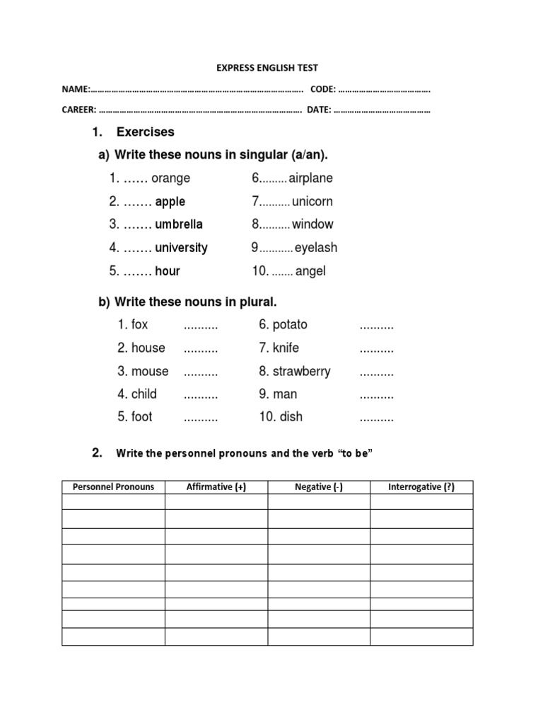 Express English Test | PDF | Plural | Grammatical Number