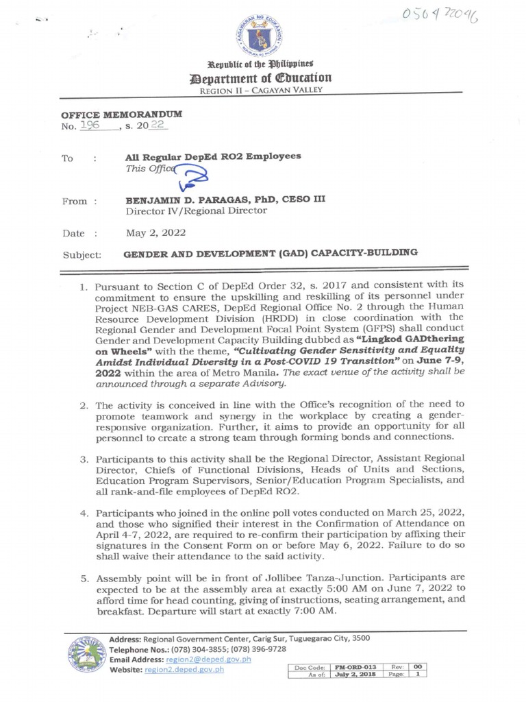 OFFICE MEMORANDUM No. 196 S. 2022 GENDER AND DEVELOPMENT GAD CAPACITY BUILDING. | PDF