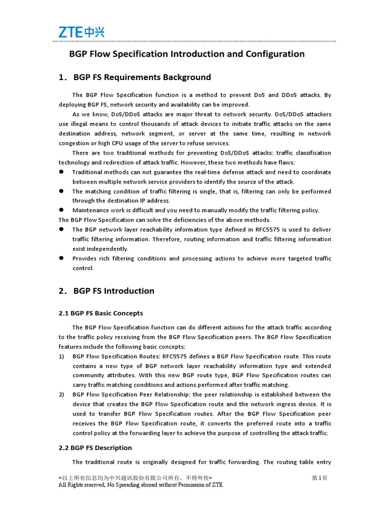 BGP Flowspec Introduction and Configuration | PDF | Denial Of Service Attack | Computer Network