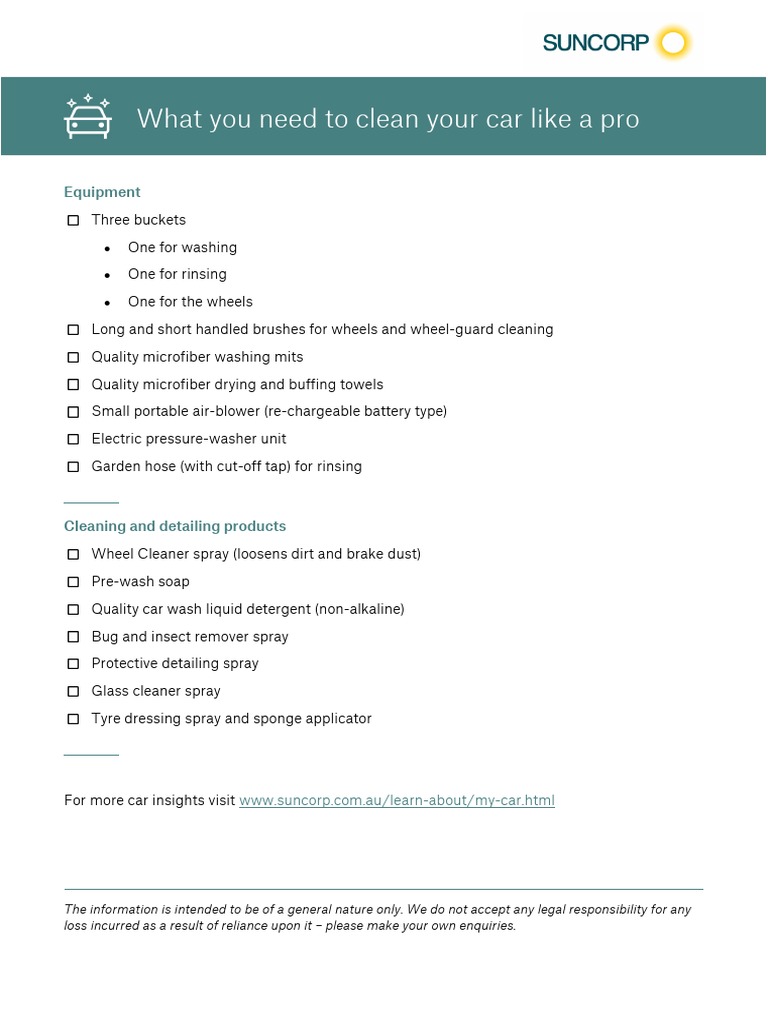 Car Cleaning Equipment Checklist Suncorp | PDF