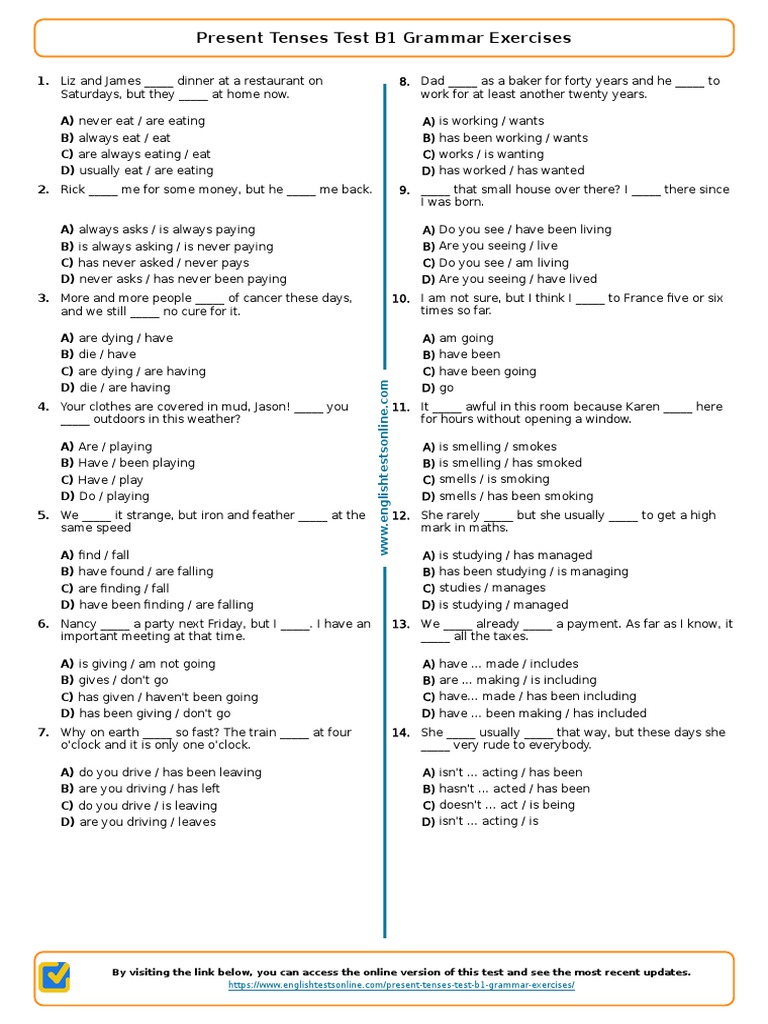484 Present Tenses Test b1 Grammar Exercises | PDF