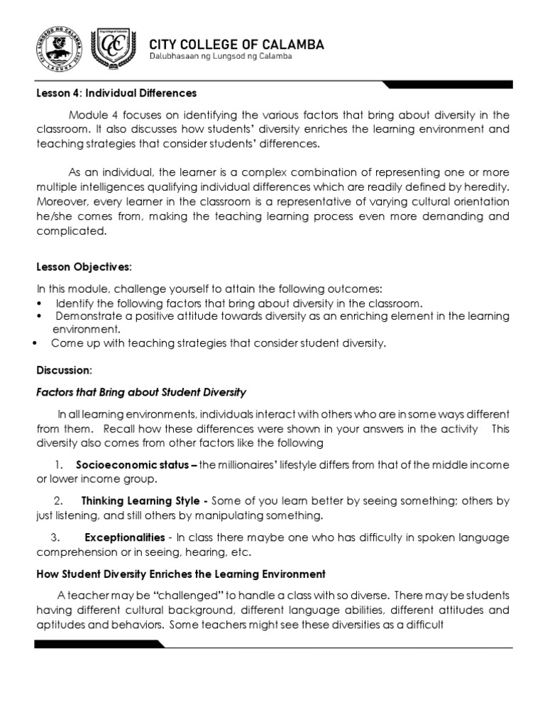 Lesson 4 Individual Differences | PDF | Learning | Teachers