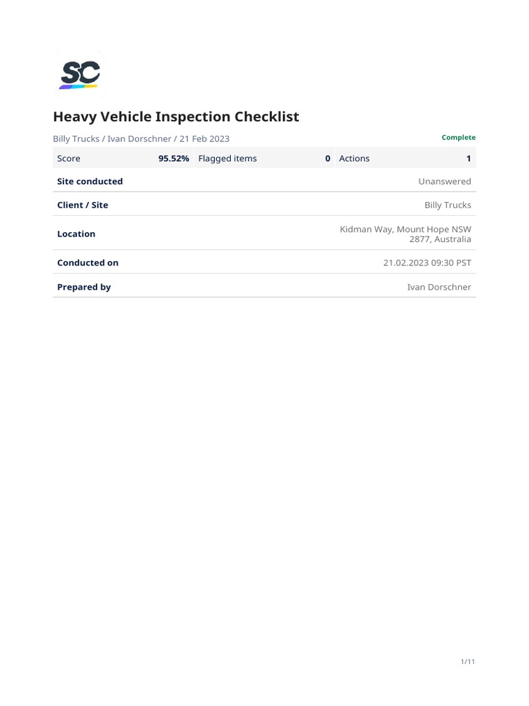 Heavy Vehicle Inspection Checklist Sample PDF Report | PDF | Tire ...
