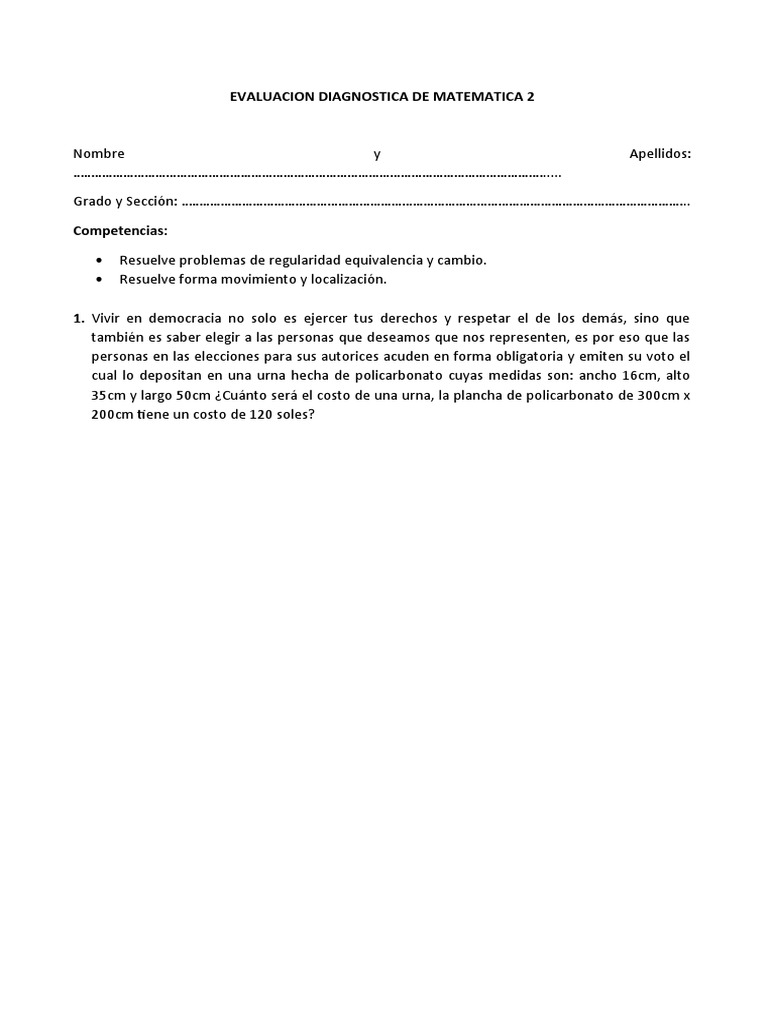 Evaluacion Diagnostica de Matematica 2 | PDF