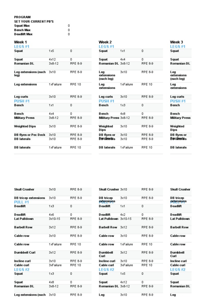 Week 1 Week 2 Week 3: Legs #1 Legs #1 Legs #1 | PDF | Weight | Physical Exercise