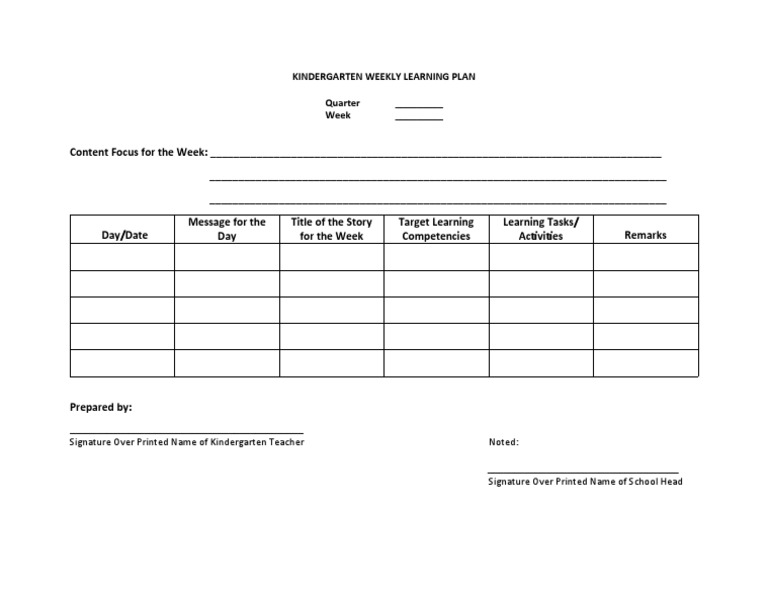 Kindergarten Weekly Lesson Plan | PDF