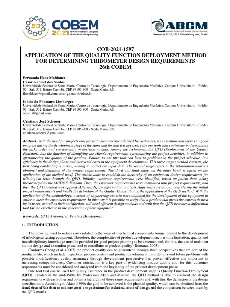 Application of The Quality Function Deployment Method For Determining Tribometer Design ...