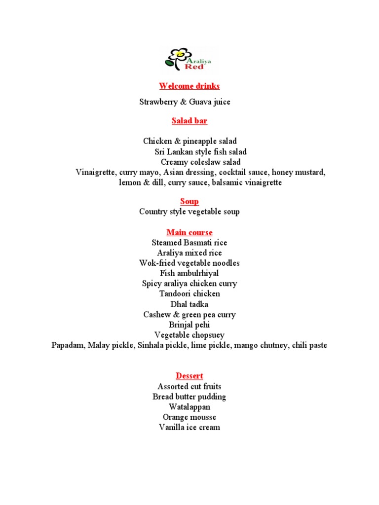 Welcome drinks to dessert buffet menu | PDF | Curry | Food And Drink