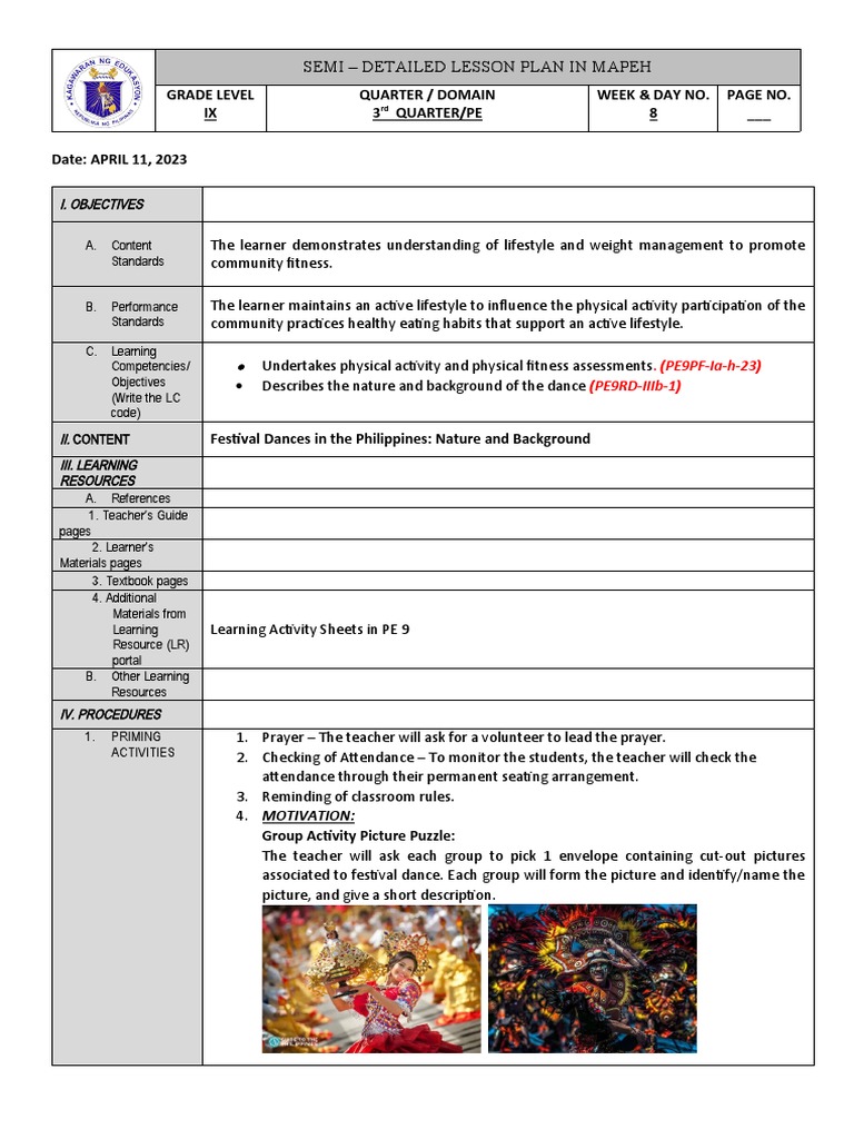 Semi - Detailed Lesson Plan in Mapeh: Grade Level IX Quarter / Domain 3 Quarter/Pe Week & Day No ...