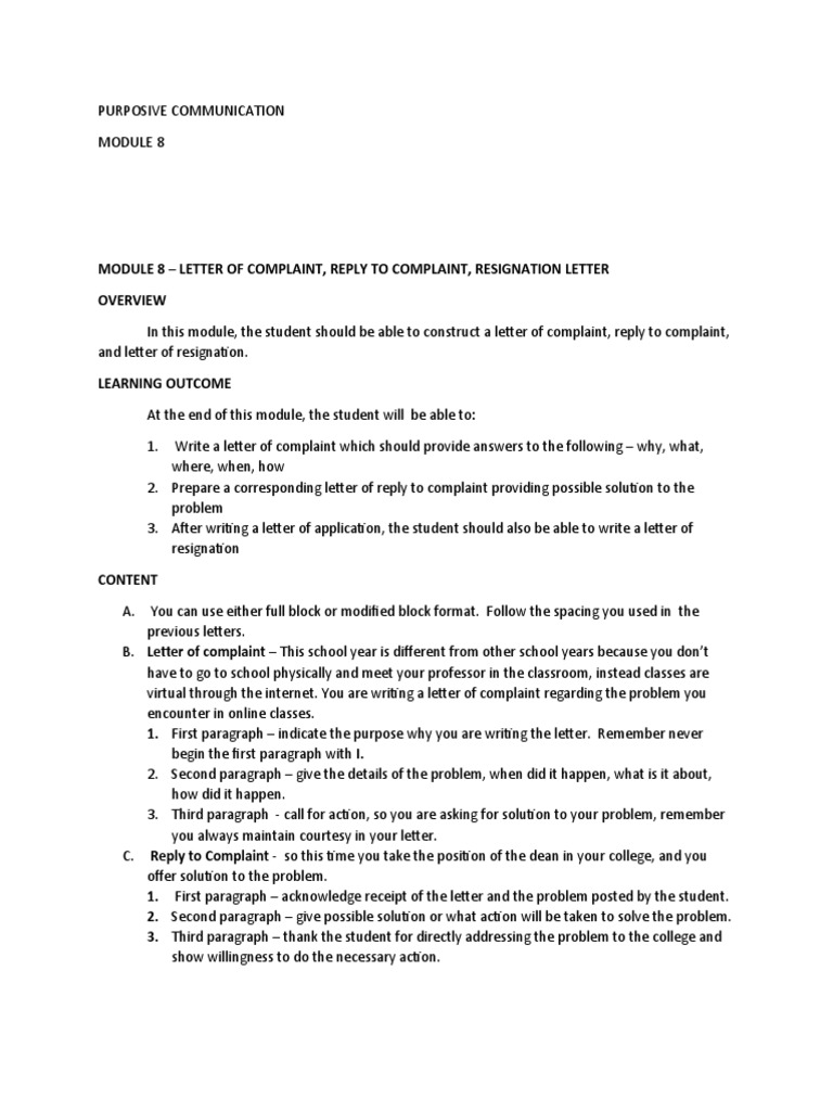 Writing Complaint and Resignation Letters | PDF | Cognition | Communication