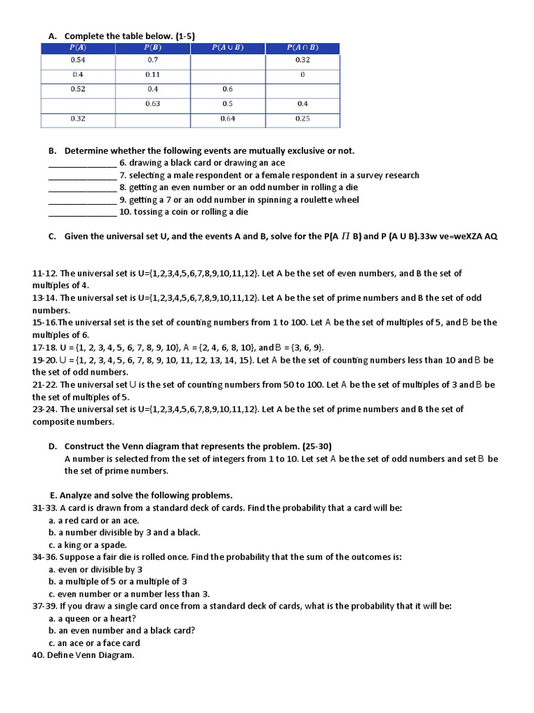 Determine Whether The Following Events Are Mutually Exclusive or Not ...
