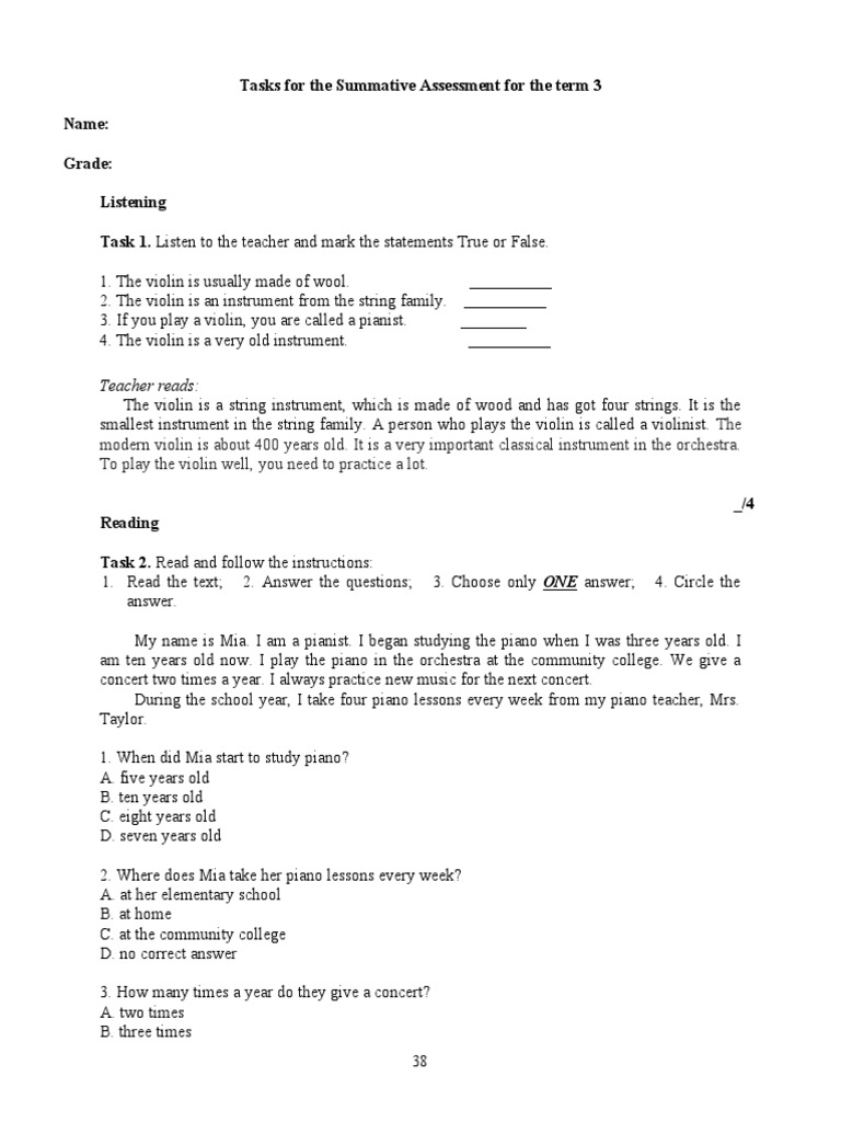 Tasks For The Summative Assessment For The Term 3 Name: Grade ...
