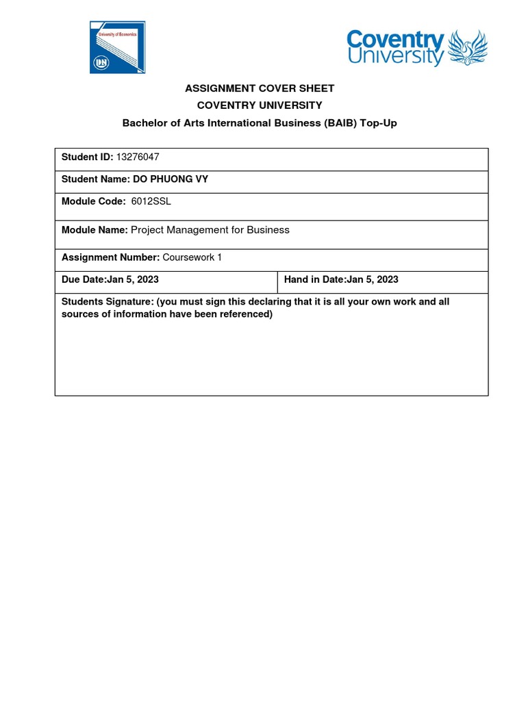Assignment Cover Sheet Coventry University Bachelor of Arts ...
