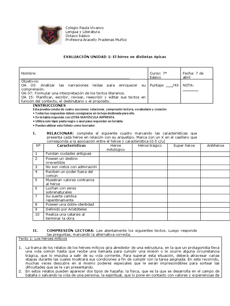 Prueba Unidad 1. El Héroe. Séptimo Básico | PDF | Edipo Prueba Unidad 1. El Héroe. Séptimo Básico | PDF | Edipo