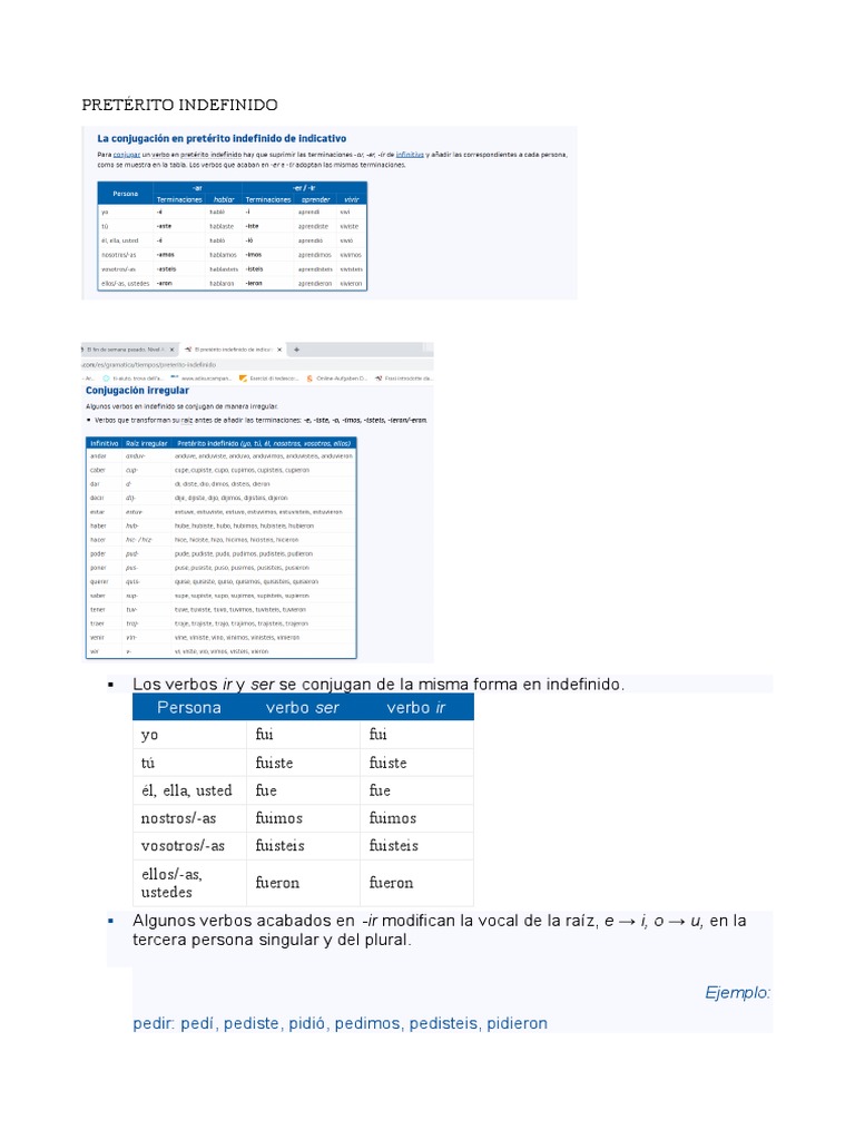 Pretérito Indefinido: Persona Verbo Ser Verbo Ir | PDF | Verbo ...