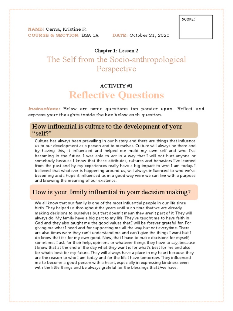 Lesson 2 Worksheet | PDF | Self | Psychology