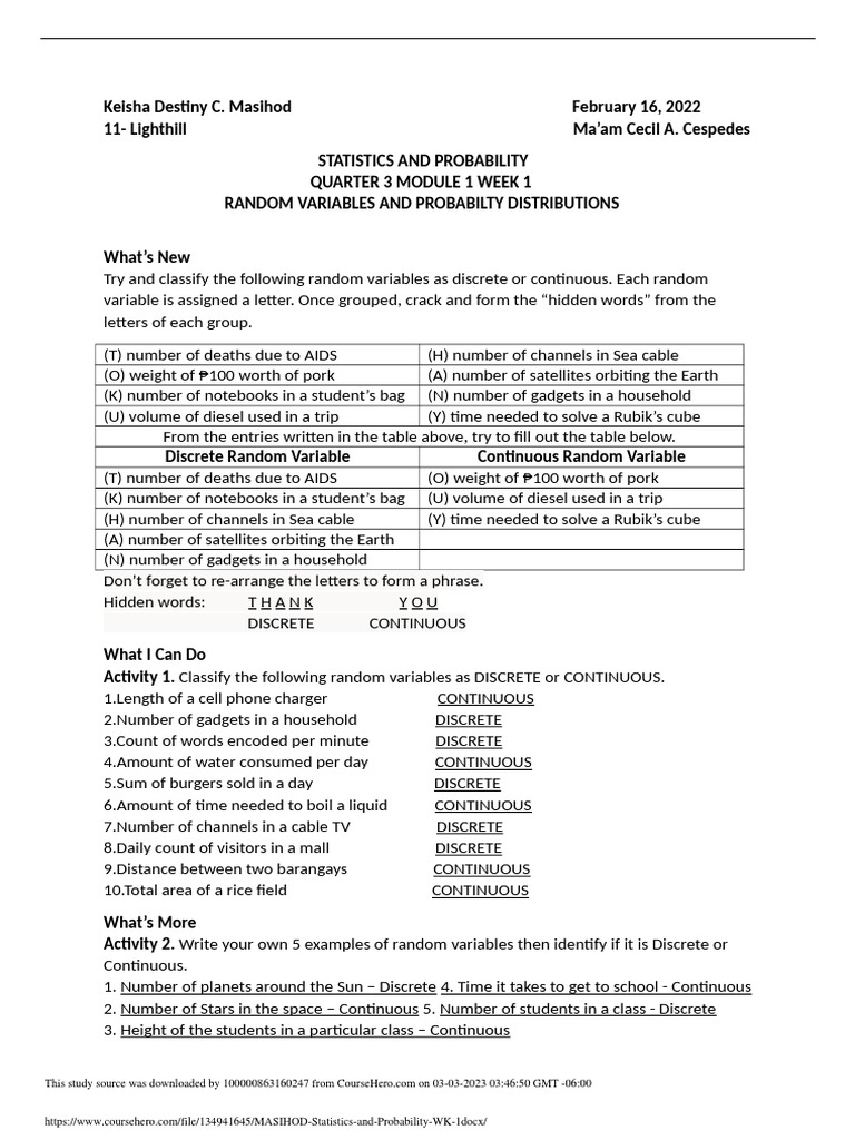 Statistics and Probability 1WK | PDF | Probability Distribution | Random Variable