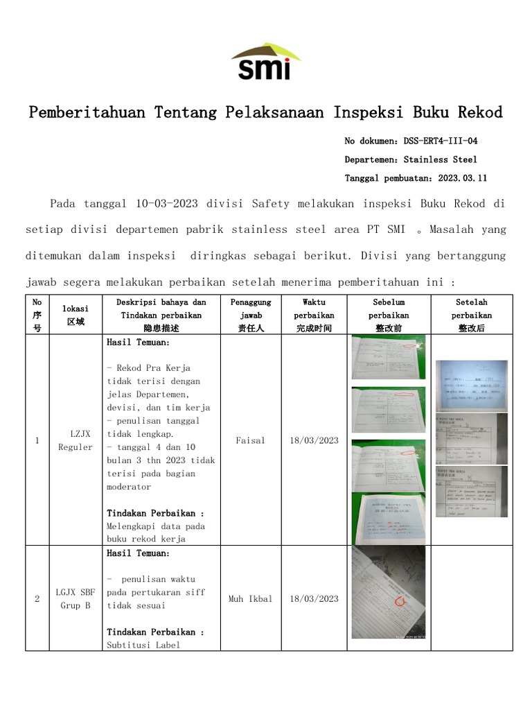 LAPORAN INSPEKSI BUKU REKOD SMI No 04 | PDF