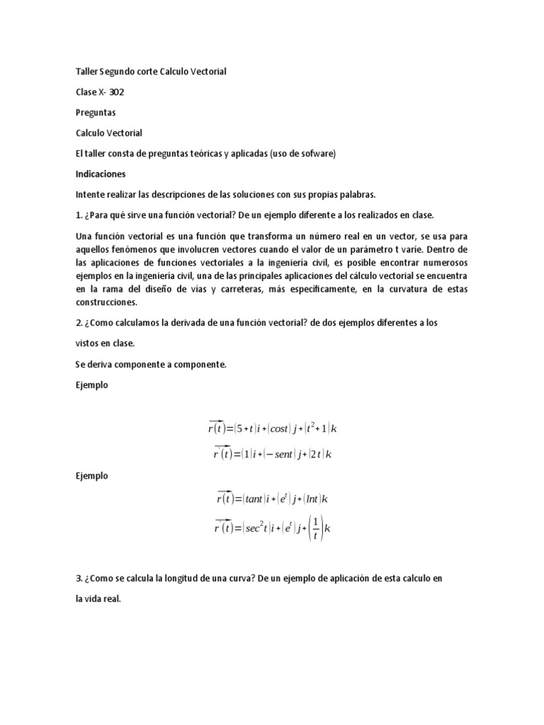 Taller Segundo Corte Calculo Vectorial | PDF | Vector Euclidiano | Curva