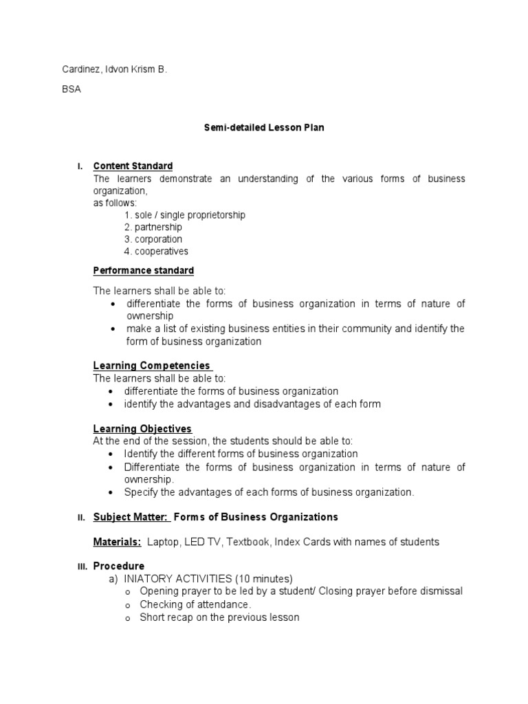 Understanding Business Organizations: A Detailed Lesson Plan on Sole ...