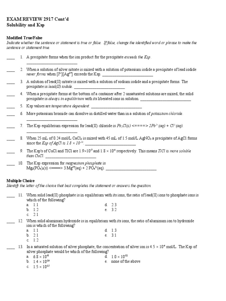 Solubility Product Constants (Ksp) Practice Problems and Review | PDF ...