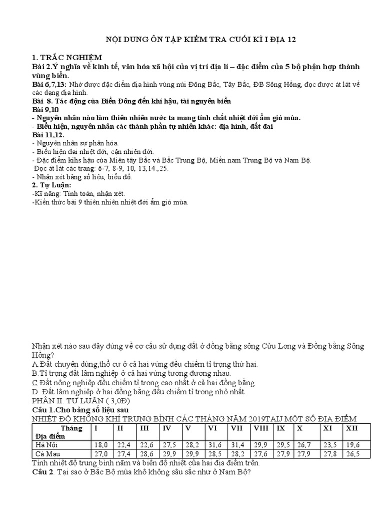 NỘI DUNG ÔN TẬP CUỐI KÌ I ĐỊA 12 | PDF