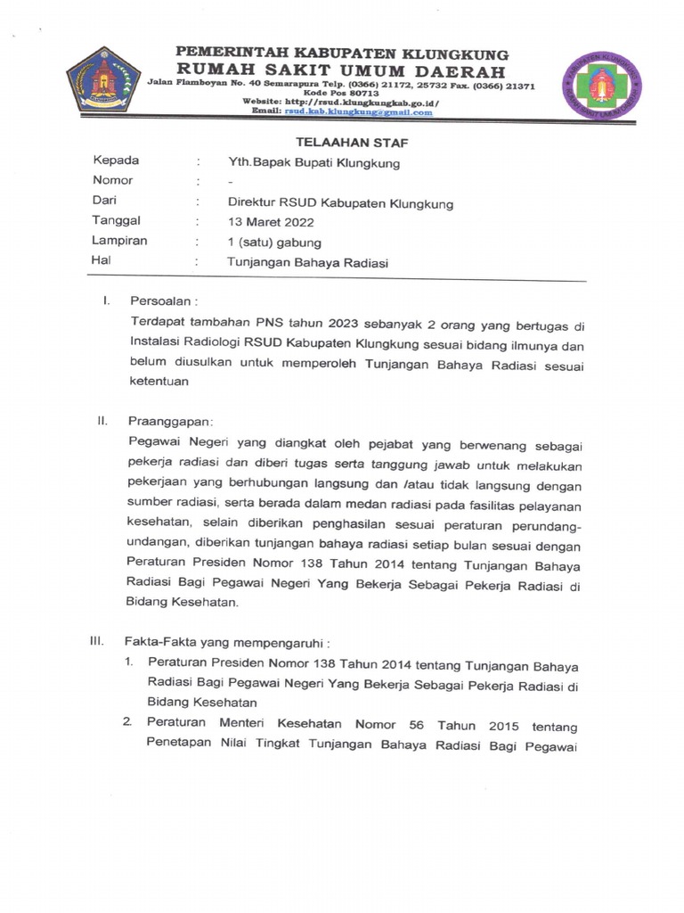 Telaahan Staf Tunjangan Radiasi 2023 | PDF