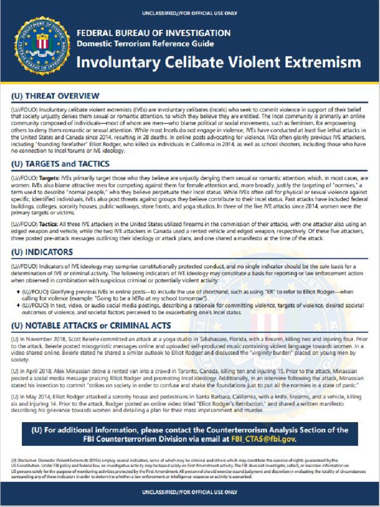 FBI Domestic Terrorism Reference Guide Involuntary Celibate Violent ...