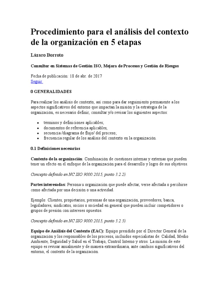 Procedimiento Para El Análisis Del Contexto De La Organización En 5