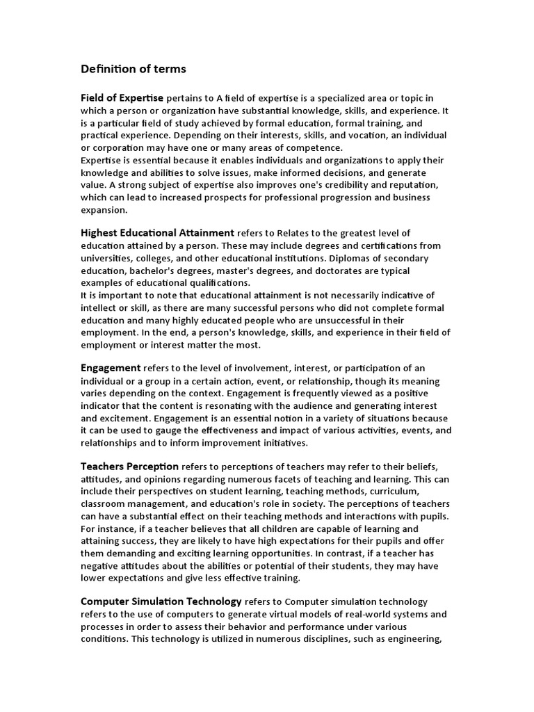 Definition Of Terms PDF Simulation Teachers