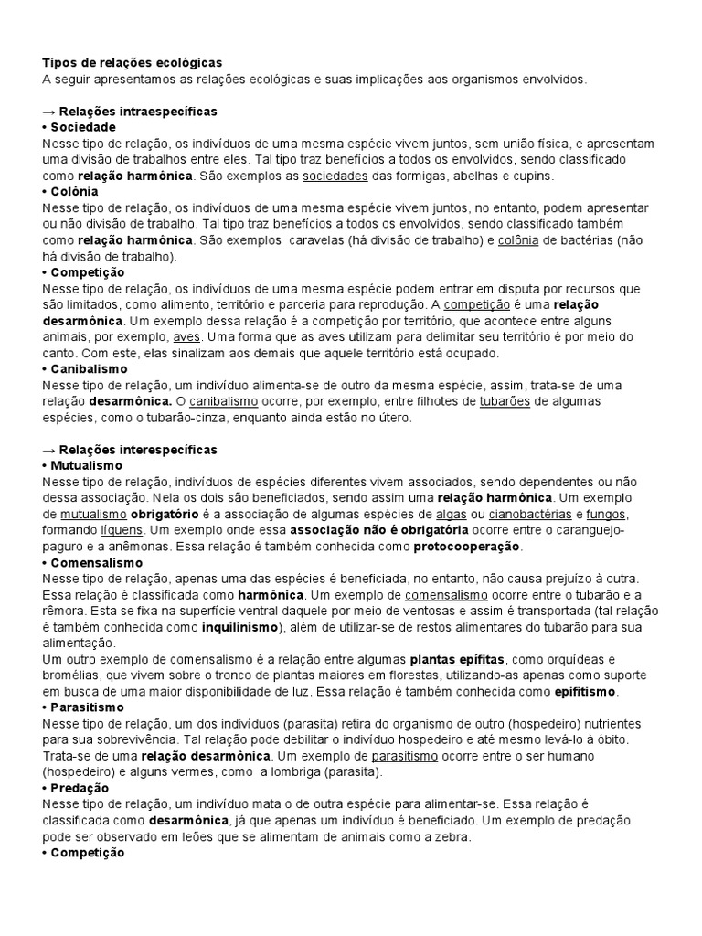 Tipos de Relações Ecológicas | PDF | Interações biológicas | Organismos