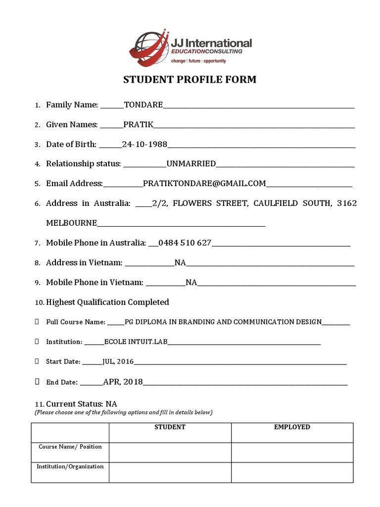 Sample Form Filler PROFILE (Pratik Tondare) | PDF | Travel Visa ...