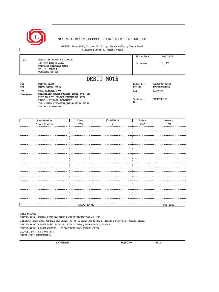 Debit Note: Ningbo Linkapac Supply Chain Technology Co.,Ltd | PDF