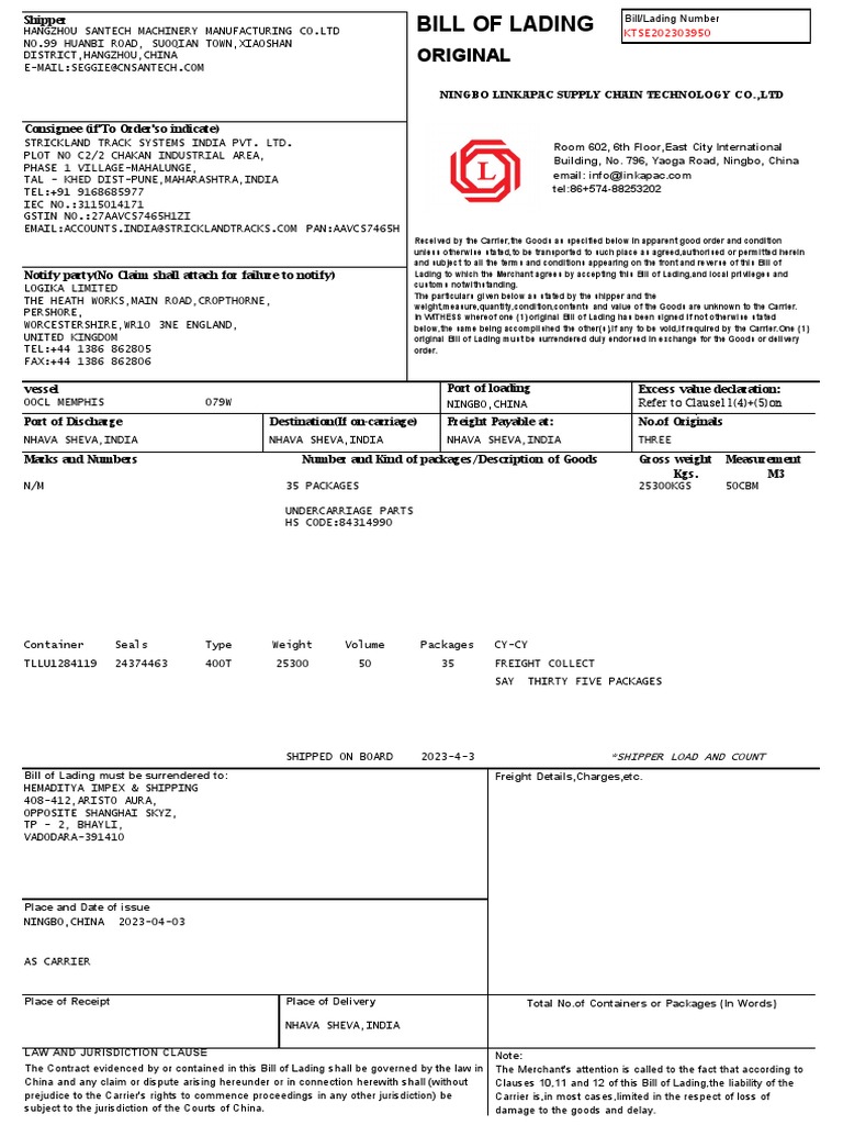 Original: KTSE202303950 | PDF | Bill Of Lading | Cargo